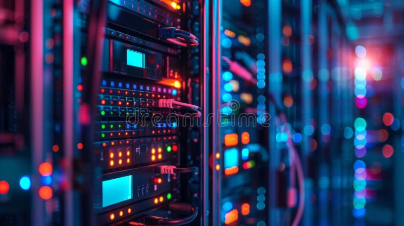 Server Rack with Colorful Lights and Cables in a Data Center Stock ...