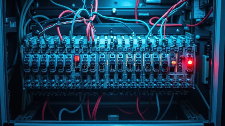 The Server Rack Features Numerous Circuit Breakers and Connected Cables ...