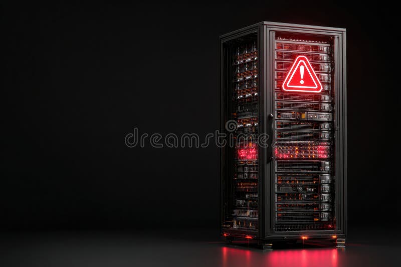 Unplugged Server Rack with Warning Lights Indicating Potential Issues ...