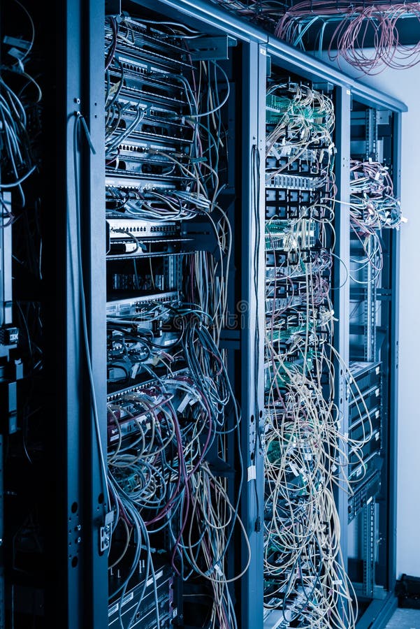 Server Rack with Fiber Optic Cables Attached To Front Panel Swit Stock ...