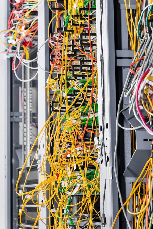 Server Rack with Fiber Optic Cables Attached To Front Panel Swit Stock ...