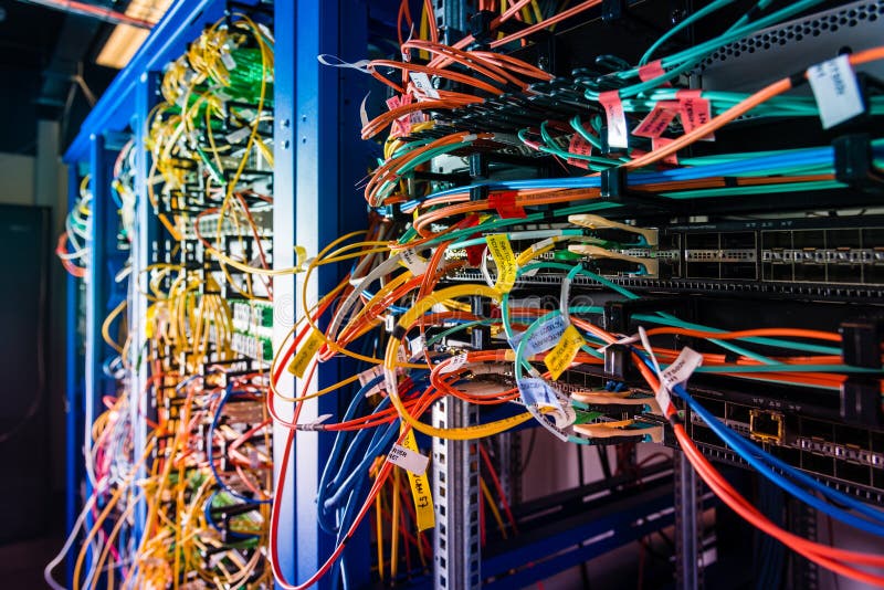 Server Rack with Fiber Optic Cables Attached To Front Panel Swit Stock ...