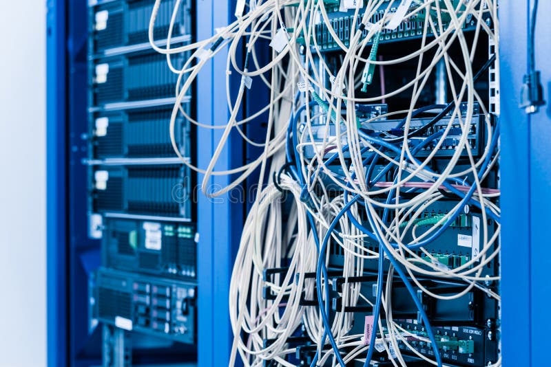 Server Rack with Fiber Optic Cables Attached To Front Panel Swit Stock ...