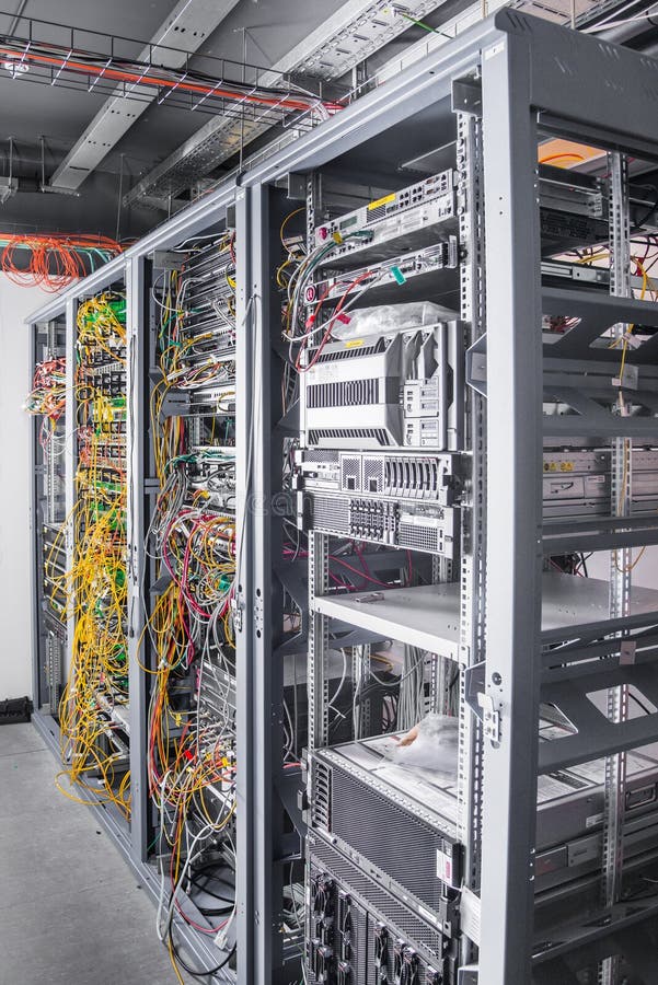 Server Rack with Fiber Optic Cables Attached To Front Panel Swit Stock ...