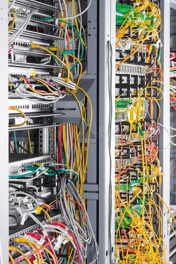 Server Rack with Fiber Optic Cables Attached To Front Panel Swit Stock ...