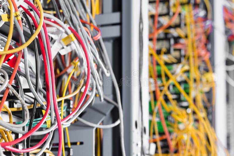 Server Rack with Fiber Optic Cables Attached To Front Panel Swit Stock ...