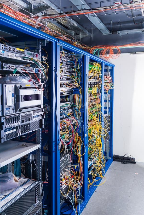Server Rack with Fiber Optic Cables Attached To Front Panel Swit Stock ...