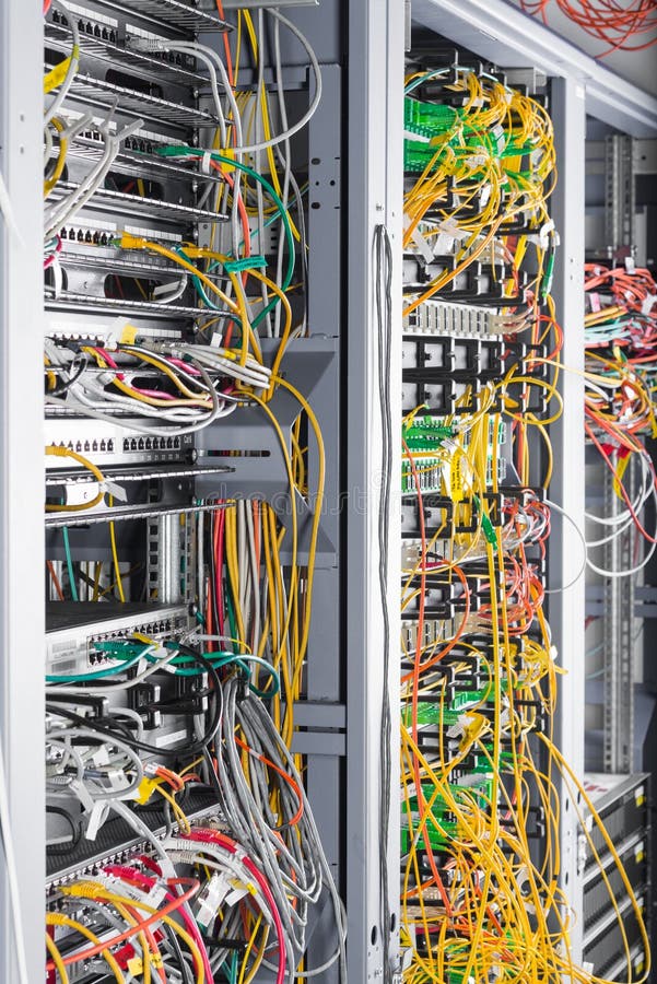 Server Rack with Fiber Optic Cables Attached To Front Panel Swit Stock Image - Image of computer ...