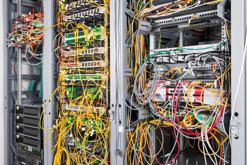 Server Rack with Fiber Optic Cables Attached To Front Panel Swit Stock ...
