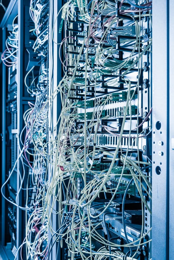 Server Rack with Fiber Optic Cables Attached To Front Panel Swit Stock ...