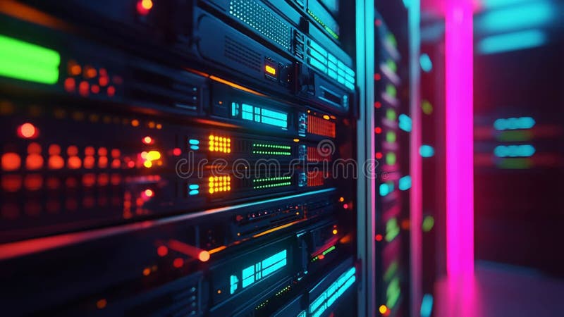 Server Rack Storing and Processing Data in Data Center with Blinking ...