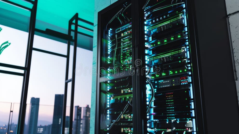Server Rack with Glowing Lights in Modern Data Center Stock Image ...