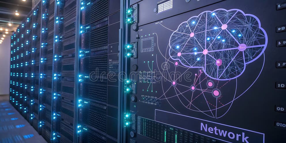 Illuminated Neural Network Visualization on a Server Rack, Showcasing ...