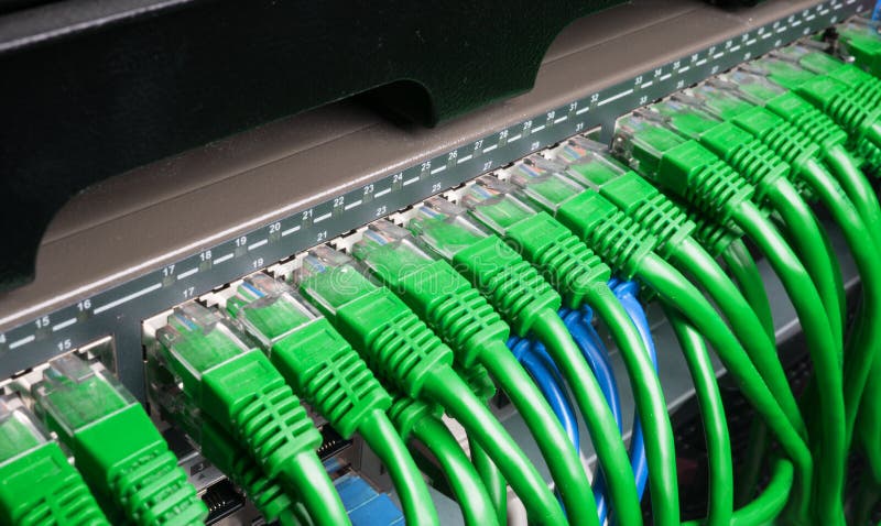 Server Rack with Green and Red Internet Patch Cord Cables Stock Photo ...