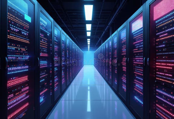 It Server Rack Illuminated by Colorful Indicator LEDs and Organized ...