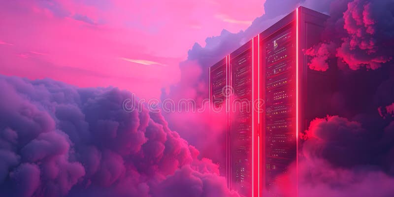 Server Rack Illuminated in Pink Light with Clouds in Background ...