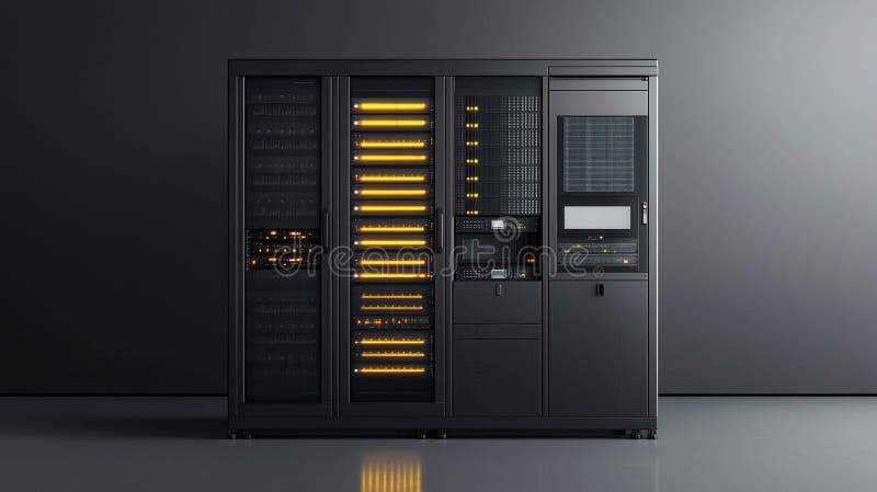 Server Rack Illuminating Dark Datacenter Room with Modern Equipment ...