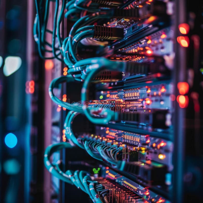 Server Rack with Interconnected Cables and Lights Stock Illustration ...