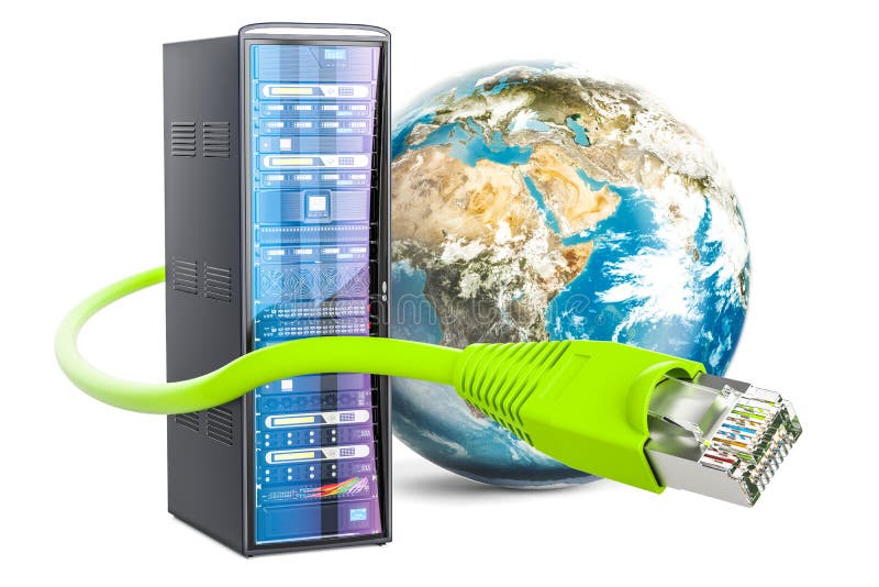 Server Rack and Lan Internet Cable with Earth Globe. Global Internet ...