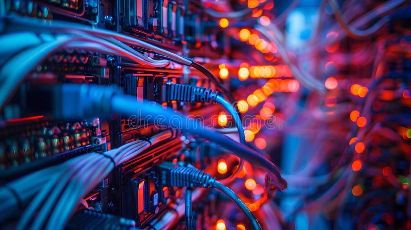 Server Rack with Multiple Cables Connected To the Front of the Devices ...