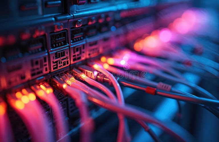 Server Rack with Network Cables. Data Transfer, Fiber Optic Internet ...