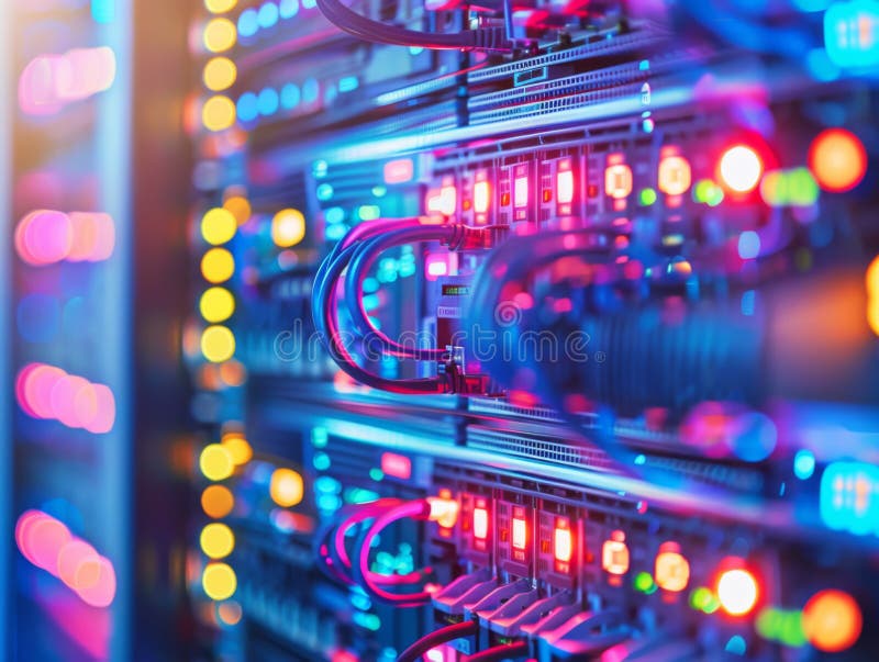 Server Rack with Network Cables and Illuminated Lights Stock ...