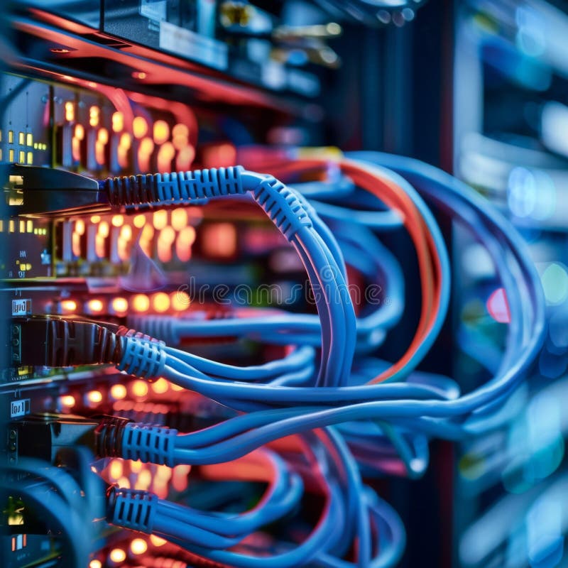Server Rack with Network Cables and Illuminated Ports Stock ...