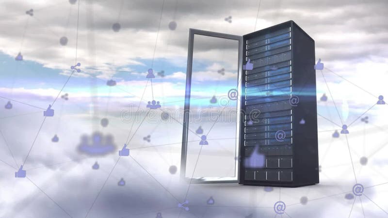 Server Rack with Open Door, Cloud Computing Network Animation Over Sky ...