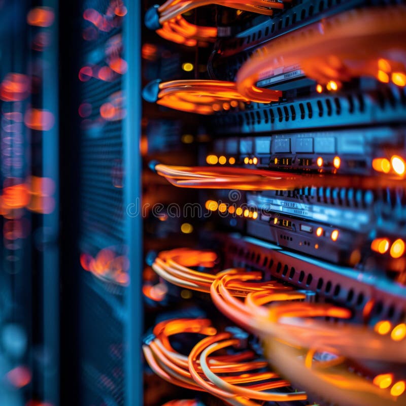 Server Rack with Orange Cables and Illuminated Ports Stock Illustration ...