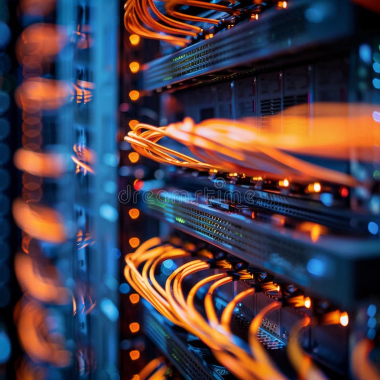 Server Rack with Orange Network Cables and Connectors Stock ...