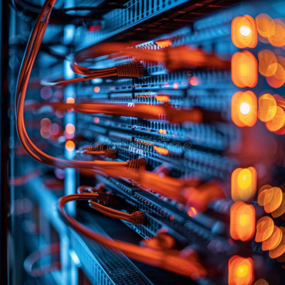 Server Rack with Orange Network Cables and Lights Stock Illustration ...