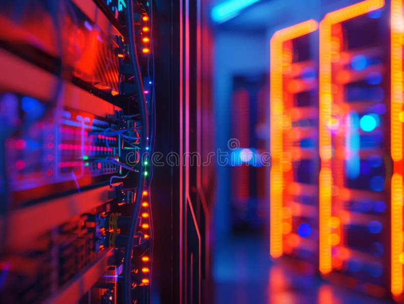 Server Rack with Red and Blue Lights in a Data Center Stock ...