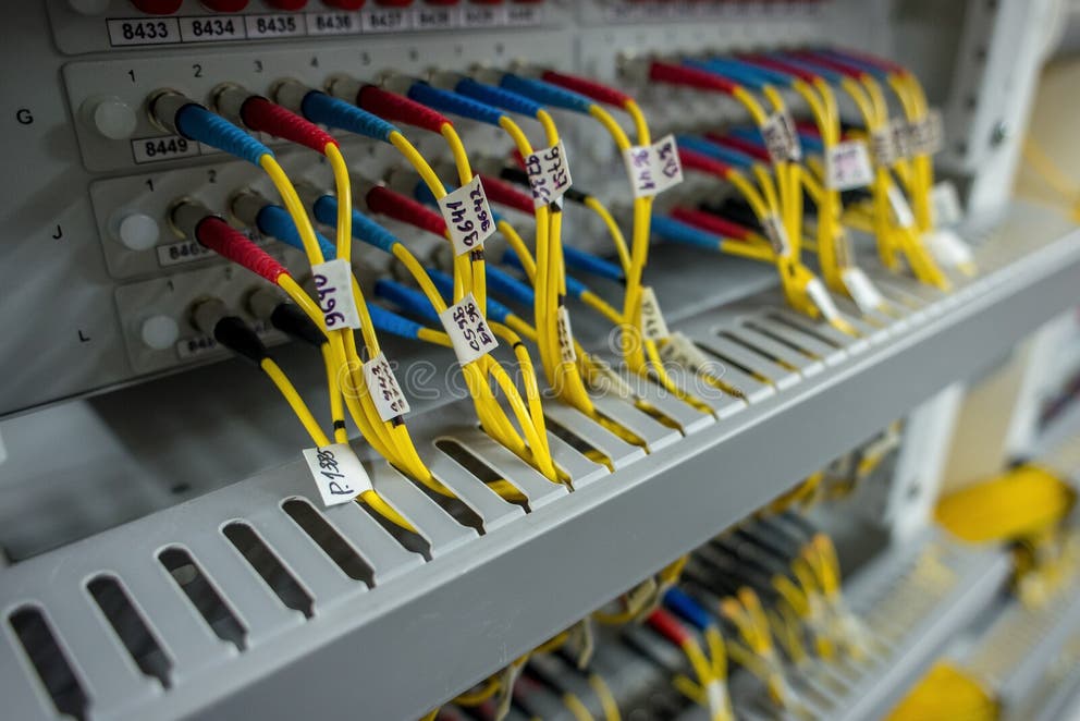Server Rack with Red Internet Patch Cord Cables Connected To Patch ...