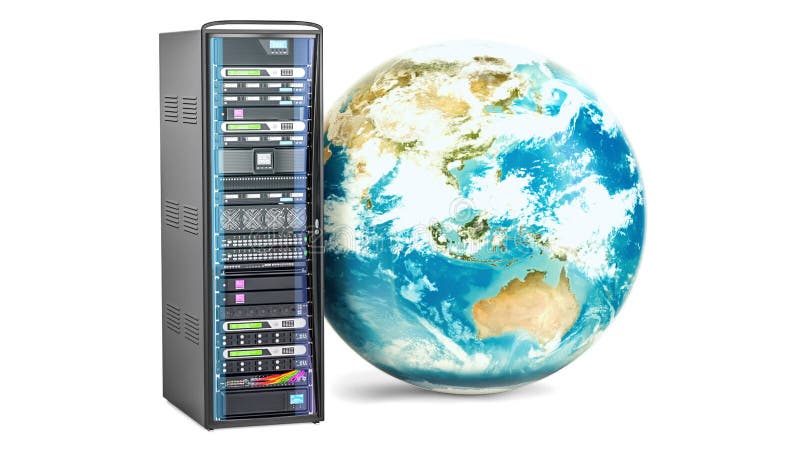 Server Rack with Rotating Earth Globe. Global Internet Concept, 3D ...