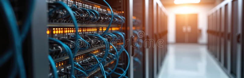 Server Rack Side View with Connected Cables, Lights. Data Center ...