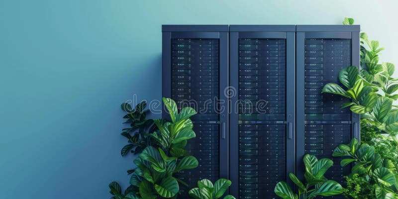 A Server Rack Surrounded by Green Plants, Created with Generative AI ...