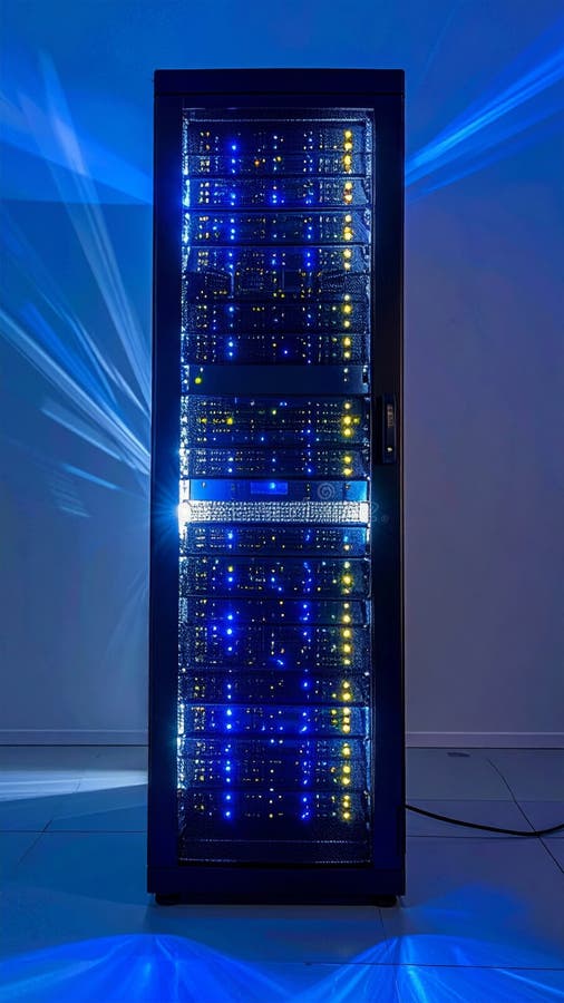 Server Rack System Unit with Blue Light Streaks in Data Center Stock ...