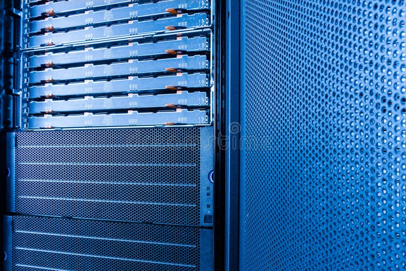 Server Rack with Uncovered Data Storage Arrays Filled with Hard Stock ...