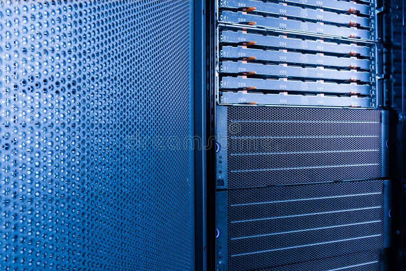 Server Rack with Uncovered Data Storage Arrays Filled with Hard Stock ...