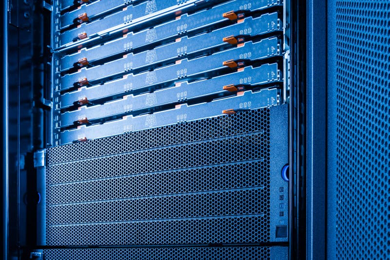 Server Rack with Uncovered Data Storage Arrays Filled with Hard Stock ...