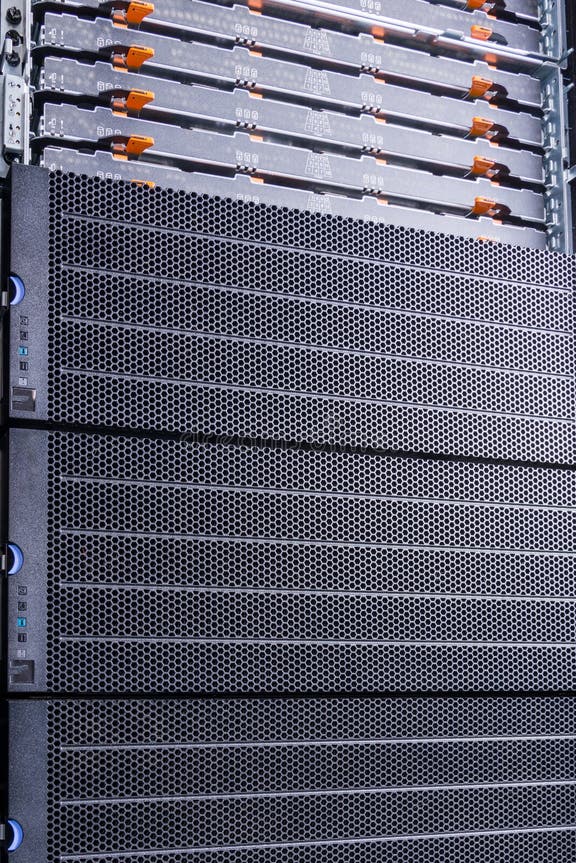 Server Rack with Uncovered Data Storage Arrays Filled with Hard Stock ...