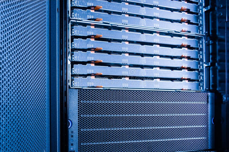 Server Rack with Uncovered Data Storage Arrays Filled with Hard Stock ...