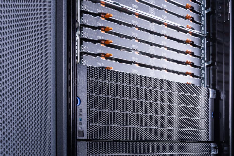 Server Rack with Uncovered Data Storage Arrays Filled with Hard Stock ...