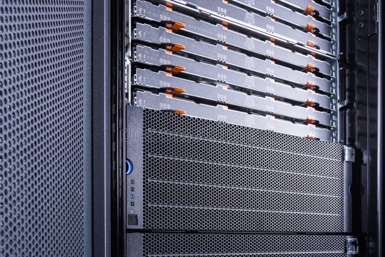 Server Rack with Uncovered Data Storage Arrays Filled with Hard Stock ...