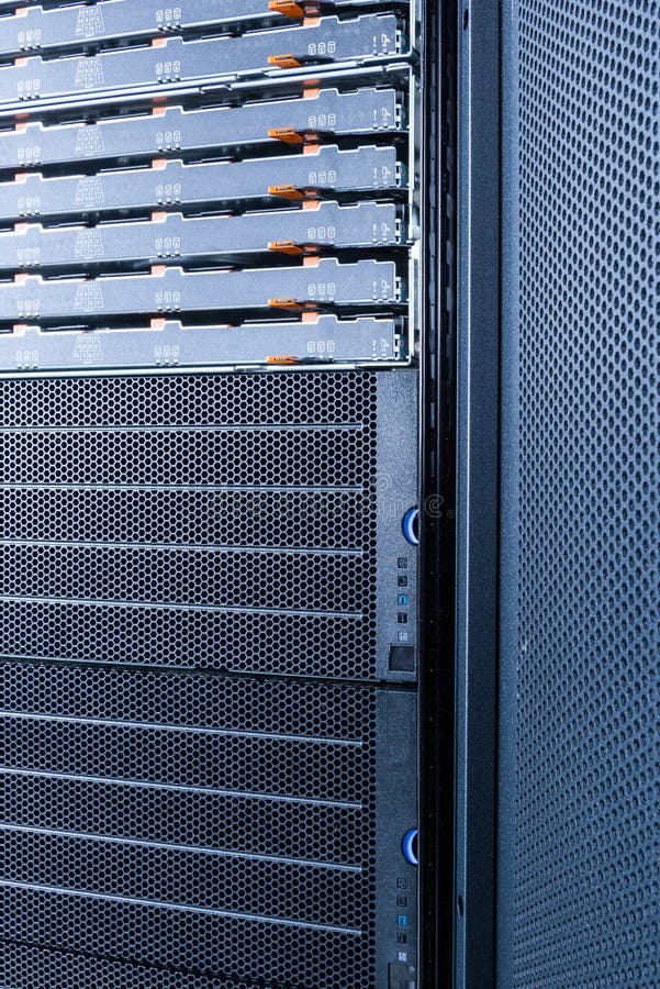 Server Rack with Uncovered Data Storage Arrays Filled with Hard Stock ...