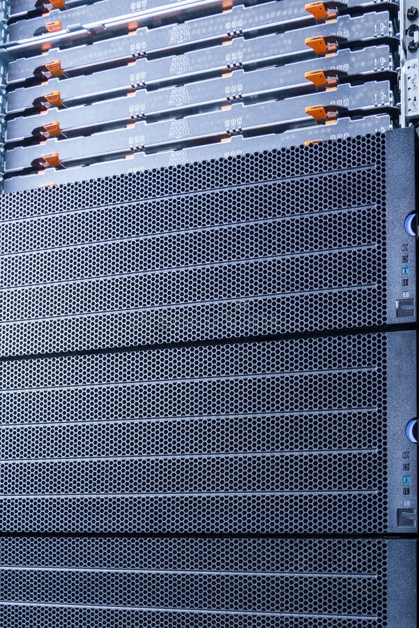 Server Rack with Uncovered Data Storage Arrays Filled with Hard Stock ...