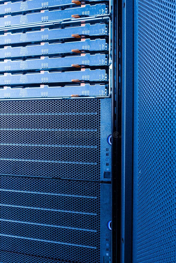 Server Rack with Uncovered Data Storage Arrays Filled with Hard Stock ...