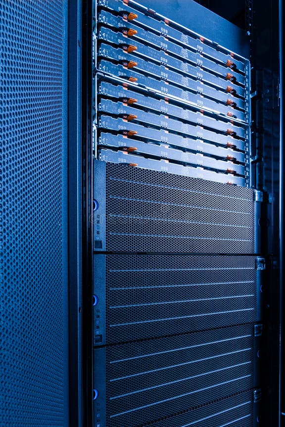 Server Rack with Uncovered Data Storage Arrays Filled with Hard Stock ...