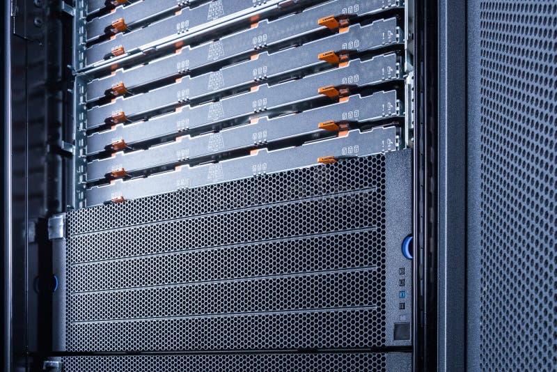 Server Rack with Uncovered Data Storage Arrays Filled with Hard Stock ...