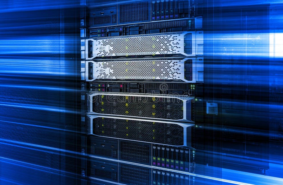 Server Rack with Working Mainframe Disk Storage Under Motion Blue ...